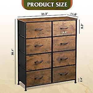 WLIVE Fabric Dresser for Bedroom, Tall Dresser with 8 Drawers, Storage Tower with Fabric Bins, Double Dresser, Chest of Drawers for Closet, Living Room, Hallway, Dorm, Rustic Brown Wood Grain Print