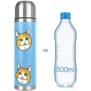 Stainless Steel Leather Vacuum Insulated Mug Cat Thermos Water Bottle for Hot and Cold Drinks Kids Adults 16 Oz