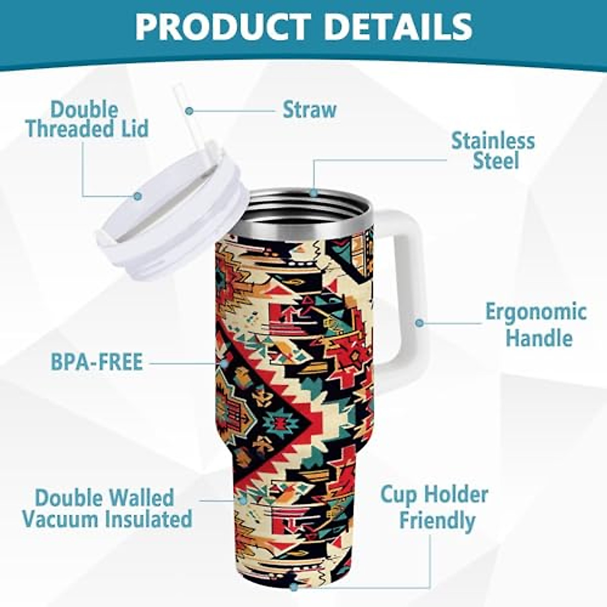 Jihqo Indian Ethnic Pattern 40 oz Stainless Steel Vacuum Insulated Tumbler with Handle and Straw Lid, Leakproof Water Bottle Double Wall Travel Mug Coffee Cup, Cupholder Friendly