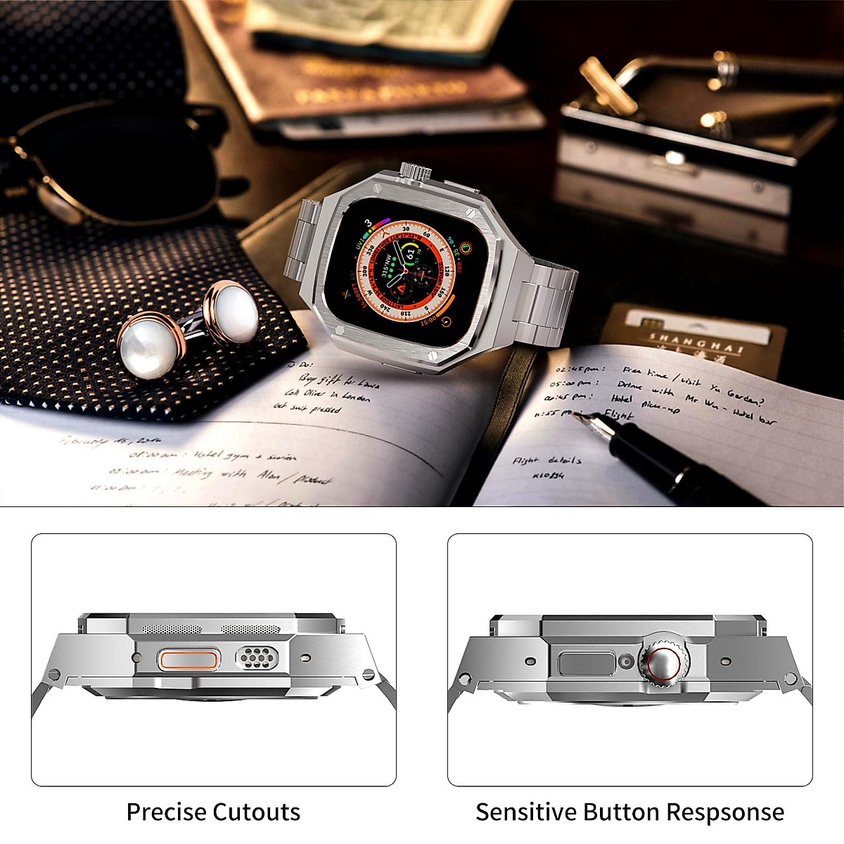 Luxury Aluminum Case with Stainless Steel Band for Apple Watch Ultra/Ultra 2 Titanium 49mm, Rugged Metal Military Protective Cover Protector, Tactical Heavy Duty Protection for Men iWatch, Silver