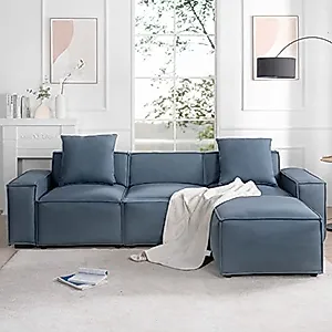 ATY L Shaped Sectional Sofa with Removable Ottomans and 2 Pillows, Living Room Polyester Couch w/Low Backrest & Wide Armrest, for Home, Apartment, Office, Livingroom, Blue Gray