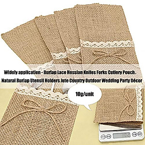 Topmodehome Burlap Cutlery Holders Lace Utensil Pouch Knifes Forks Bag for Vintage Natural Wedding (4x8inch, Rope Bow)