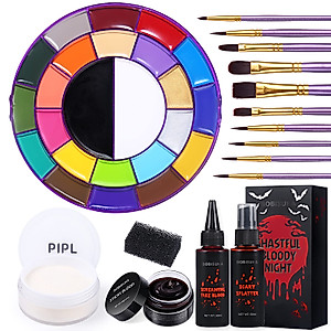 BOBISUKA Halloween Makeup Kit, 24 Colors Face Body Paint Oil Palette + 3 SFX Fake Blood Washable + 1 Translucent Setting Powder + 10Pcs Artist Painting Brushes, Halloween Set for Stage,Cosplay & Party
