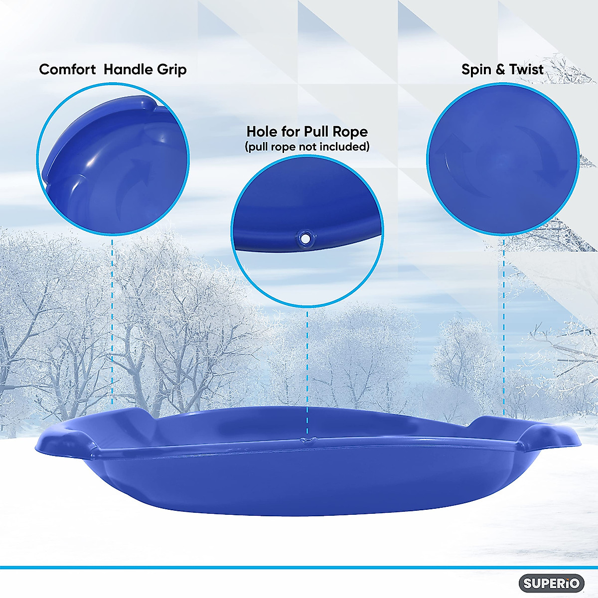 Superio Round Snow Saucer Sleds- 24” Plastic Disc Sleds for Kids and Adults- Heavy Duty Sled Discs with Handles for Downhill Sledding, Winter Outdoor Sports, (Red, Blue, Green, Purple)