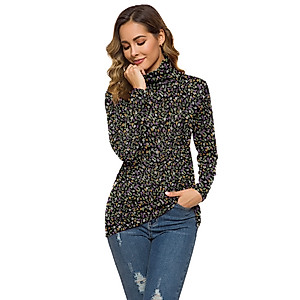 Women's Turtleneck Long Sleeve Fall Shirts Casual Slim Fit Basic Tops Layer Winter Warm Thermal Layering Tee Floral