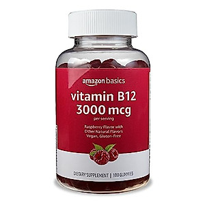 Amazon Basics Vitamin B12 3000 mcg Gummies, Normal Energy Production and Metabolism, Immune System Support, Raspberry, 100 Count (2 per serving) (Previously Solimo)