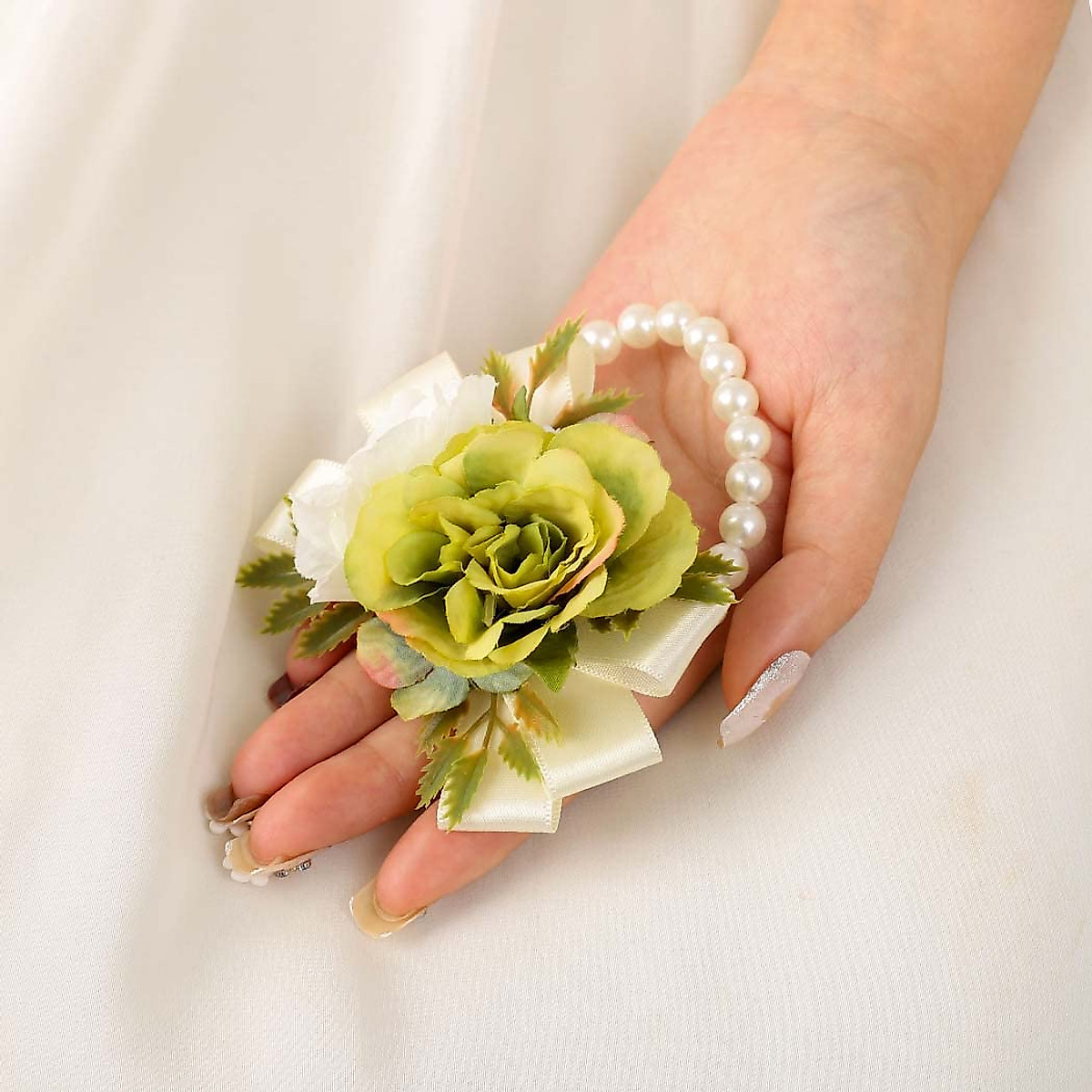 CASDRE Bride Wedding Wrist Corsage Bridal Hand Flower Pearl Corsage Wristlet Wedding Accessories for Women and Girls (Green)