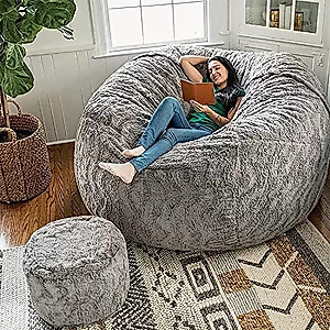 YIZA Bean Bag Chair 5ft Big Round Soft Fluffy Velvet Bag Chair Cover (No Filler,Cover only) Living Room Furniture Lazy Sofa Bed Cover for Adults (Black, 5FT) (5FT-01)