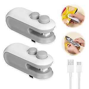 2Pcs Mini Bag Sealer, Rechargeable Heat Sealer, 2 in 1 Chip Bag Sealer & Cutter, Mini Bag Resealer Machine, Portable Handheld Food Sealer for Plastic Bags Snacks Bags Food Storage, White