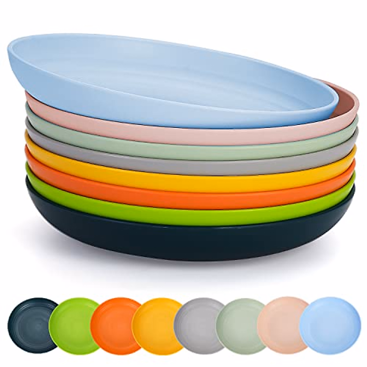Berglander 9 Inch Plastic Deep Dinner Plates Set of 8 Colors, Reusable and Sturdy Unbreakable Dishes Set for Pasta Bowls,Ramen,Drop Resistant, BPA Free Dinnerware Microwave Safe Dishwasher Safe