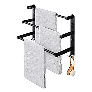 KES 3-Tier Black Towel Bar 16 Inch Bathroom Towel Rack Towel Holder Rustproof Towel Hanger Slipper Rack with 2 Hooks Wall Mount, BTH400S40DG-BK