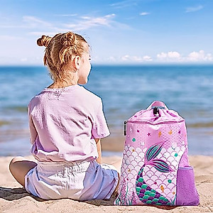 WAWSAM Mermaid Gym Drawstring Backpack String Bag - 15” × 17” Sports Gym Bag for Girls Kids Waterproof Swimming Beach Shopping Yoga Sackpack Birthday Gift with Zippered Pocket and Water Bottle Pocket