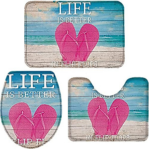 Apular Fashion 3 Piece Bath Rugs Set Pink Flip Flops on The Beach, Vintage Blue Farm Wooden Grain Non Slip Ultra Soft Bathroom Accessories Mats, U Shape Mat and Toilet Lid Cover Mat Bath Mats
