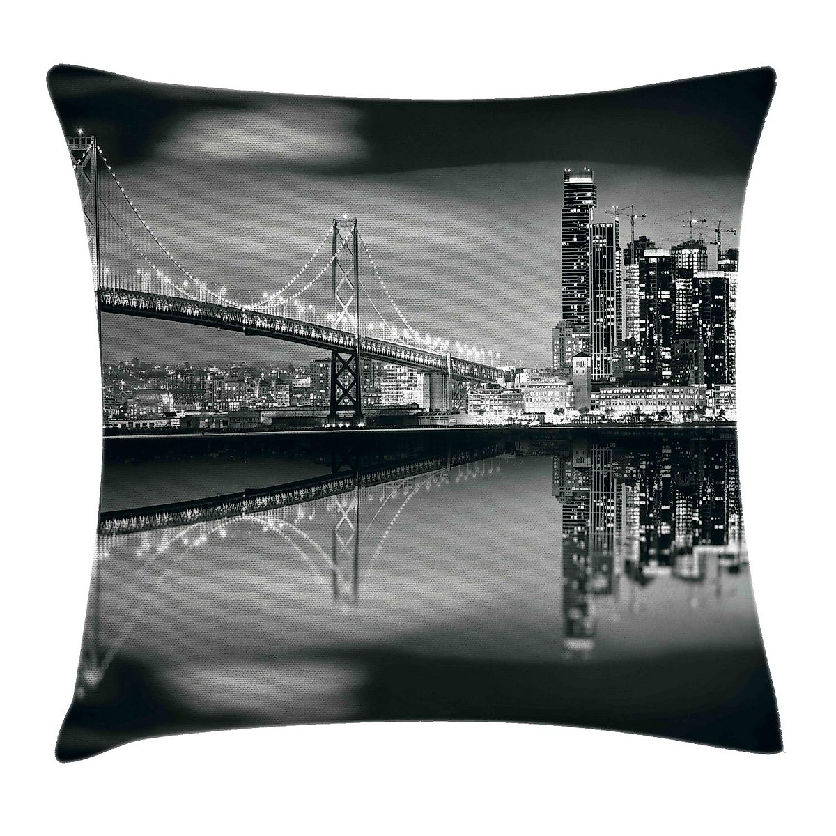 Ambesonne Black and White Throw Pillow Cushion Cover, San Francisco Bay Bridge Metropolis Panorama View with Skyscrapers Print, Decorative Square Accent Pillow Case, 18" X 18", Green