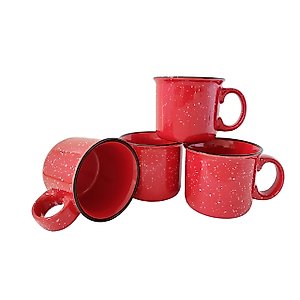 Essential Drinkware 14oz Ceramic Campfire Coffee Mug (Set of 4), Red with Speckled Finish - Durable Thick Walled Camping Style Cup for Outdoors or Home