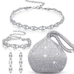 MTLEE 4 Pieces Rhinestone Necklace Choker Bracelet Earring Clutch Purses Jewelry Set Women Crystal Triangle Bling Diamond Purse Rhinestone Bag for Wedding Party (Silver)