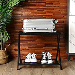 6 Pcs Folding Luggage Racks with Storage Shelf Foldable Suitcase Racks Bamboo Luggage Rack Suitcase Stand with Nylon Straps Strong Bearing Capacity Luggage Holder for Bedroom Guest Room Hotel, Black