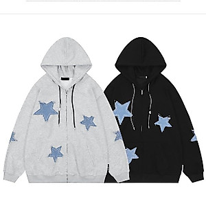Y2K Hoodies Gothic Stars Jacket Fairy Grunge Pullover Sweatshirt Harajuku Streetwear Acubi Emo Oversized Hooded Tops (Black,L)