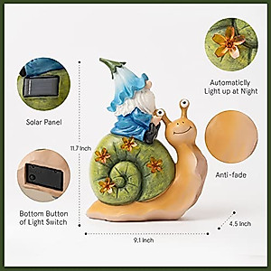 LA JOLIE MUSE Garden Gnomes Statue -9.2'' Resin Garden Snail with Gnome Figurine with Solar LED Lights, Outdoor Decoration for Patio Yard Lawn Porch, Ornament，Decor