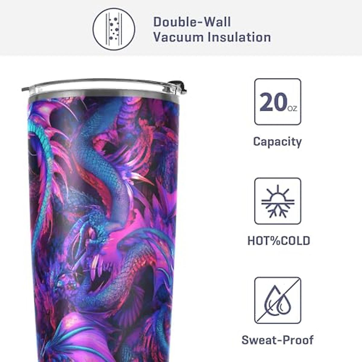 HXshaoye Cyberblue purple dragon Stainless Steel cups for hot and cold with Straw Leak Resistant Flip mug spill proof leak proof for School, Sports, Daycare, Camp & More leakproof 20oz coffee tumbler