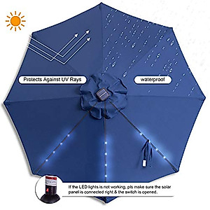 Sundale Outdoor 9 Feet Solar Powered 32 LED Lighted Patio Umbrella Table Market Umbrella with Crank and Push Button Tilt for Garden, Deck, Backyard, Pool, 8 Steel Ribs, (Navy)