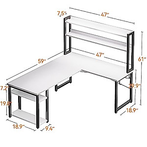 ODK L Shaped Gaming Desk with Hutch, Computer Desk with Storage Shelves, 59" L Shaped Desk for Home Office, Corner Desk with Headphone Hook, White