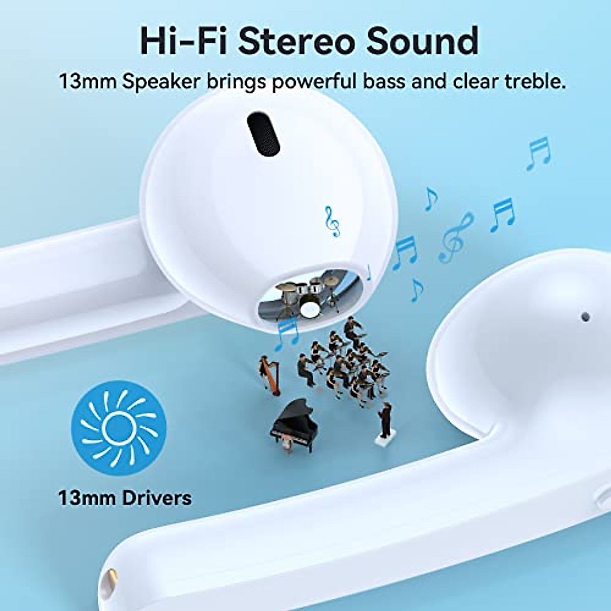 Bluetooth Headphones V5.3 Wireless Earbuds 50Hrs Battery Life with Wireless Charging Case & LED Power Display Deep Bass IPX7 Waterproof Earphones Microphone Stereo Headset for TV Smart Phone white