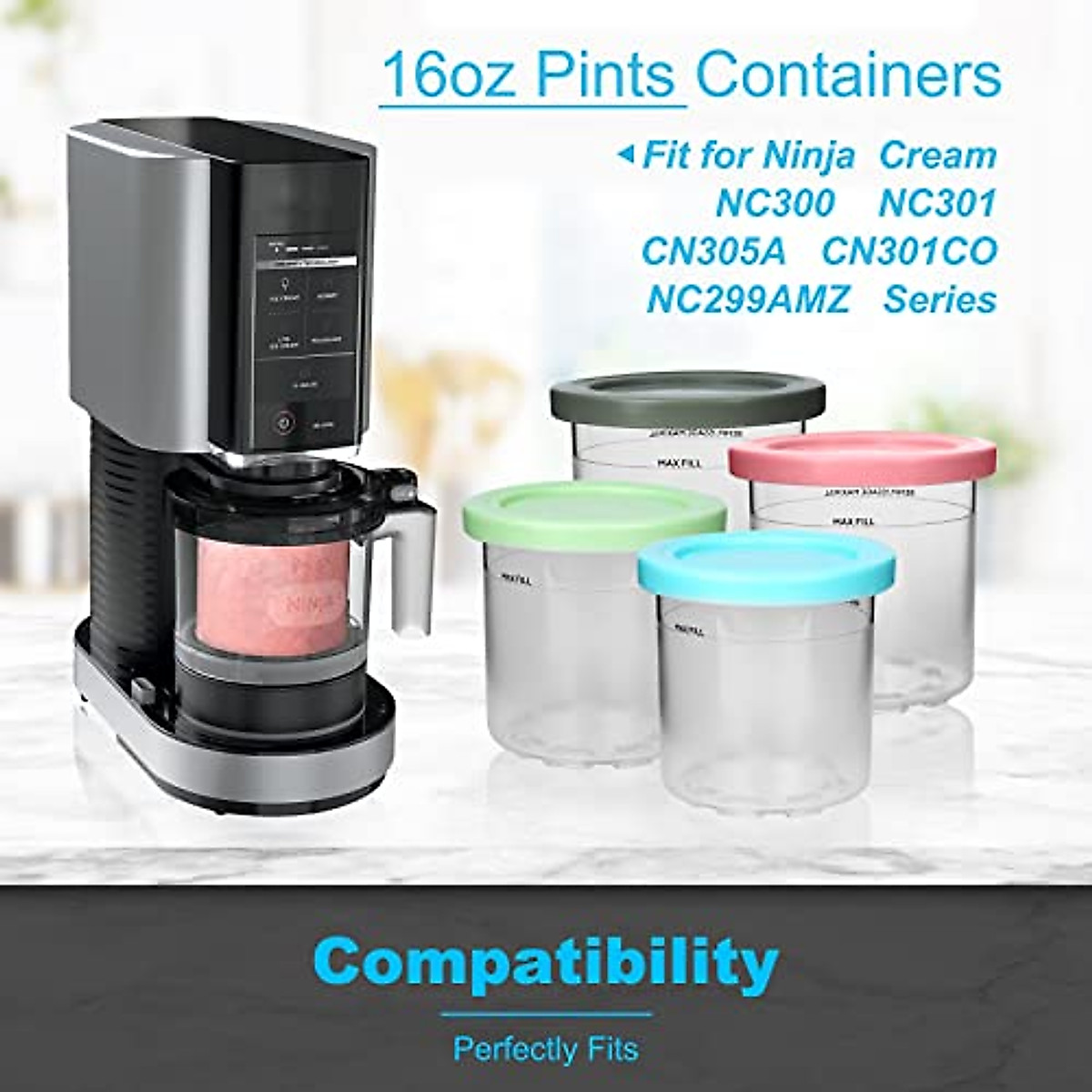 For Ninja Creami Pints and Lids - 4 pack, Creami Containers Fit for Ninja NC301 NC300 NC299AMZ CN305A XSKPLD4BCD Series 7-in-1 Ice Cream Maker, 16oz Icreami Pint Jars, BPA-Free Dishwasher Safe