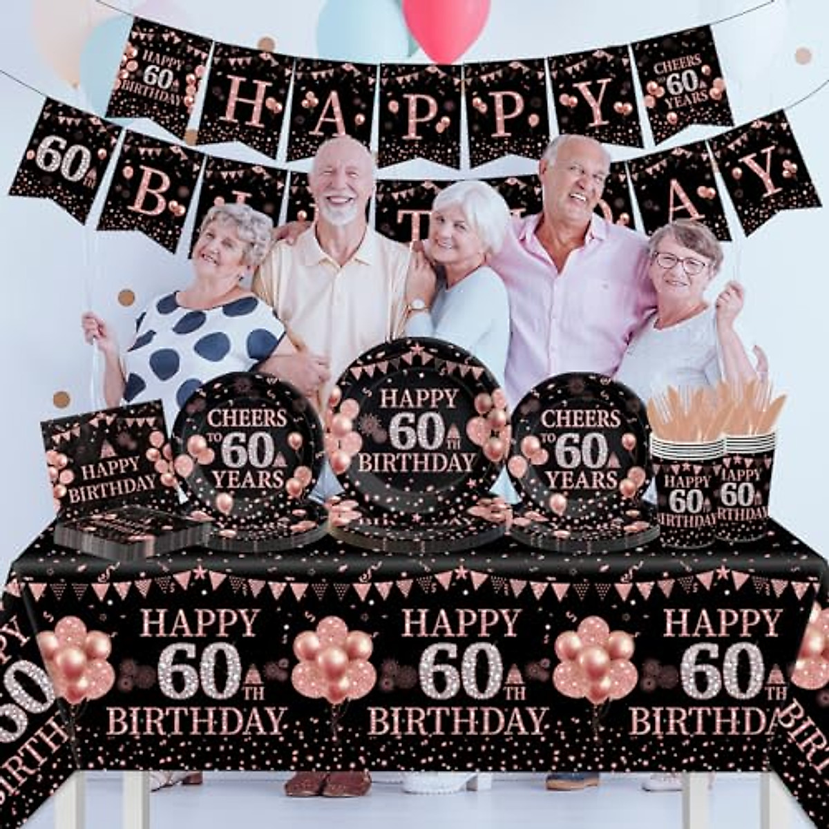 142Pcs Rose Gold 60th Birthday Decorations-Happy 60th Birthday Disposable Tableware for Women Rose Gold Birthday Plates and Napkins Set Serves 20 Guests