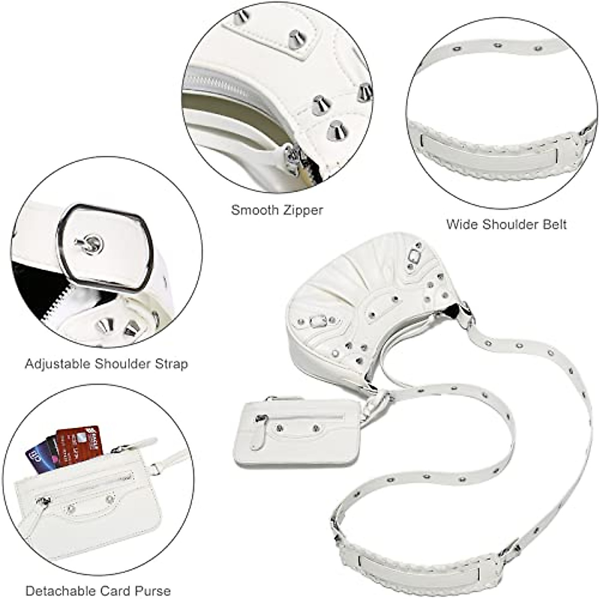 CATMICOO Shoulder Bag for Women Punk Style Rivet Satchel Handbags Y2K Purse with Removable Zipped Pouch