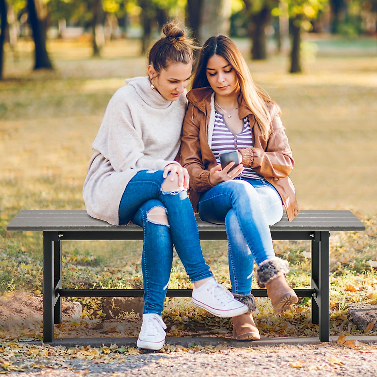 Tangkula 47” Outdoor Garden Bench, 2-Person Patio Park Bench with HDPE Slatted Seat & Metal Frame, 660 LBS Capacity, Rectangular Outdoor Dining Bench for Yard, Garden, Balcony, Entryway (2, Gray)