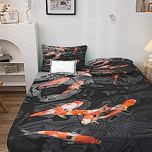 Koi Fish Sheets Full Size, Japanese Bed Sheets, Patterned Bedding Sheets & Pillowcases 4 Piece Set - Soft Microfiber Deep Pocket Fitted Sheet & Flat Sheet & 2 Pillow Cases K8-&-349