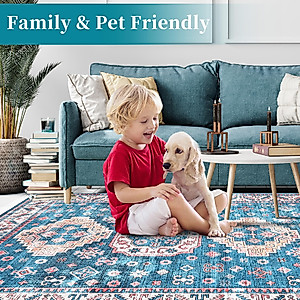 ROYHOME Area Rug Machine Washable Rug Small Throw Carpet 4x6 Rug Boho Area Rug Non Slip Distressed Area Rug Oriental Rug for Living Room Bedroom Kitchen, Blue 4' x 6'