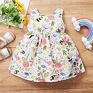 Toddler Girls Patchwork Bowknot Dress Bee Floral Prints Sleeveless Dresses Casual Soft Ruffle Swing Clothes (Yellow, 9-12 Months)