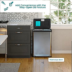 Home Zone Living 18.5 Gallon Kitchen Trash Can, Dual Removable Liners for Recycling and Trash, CleanAura Odor Control, Wide Stainless Steel Shape (10.6 + 7.9 for 18.5 Gallon Total)