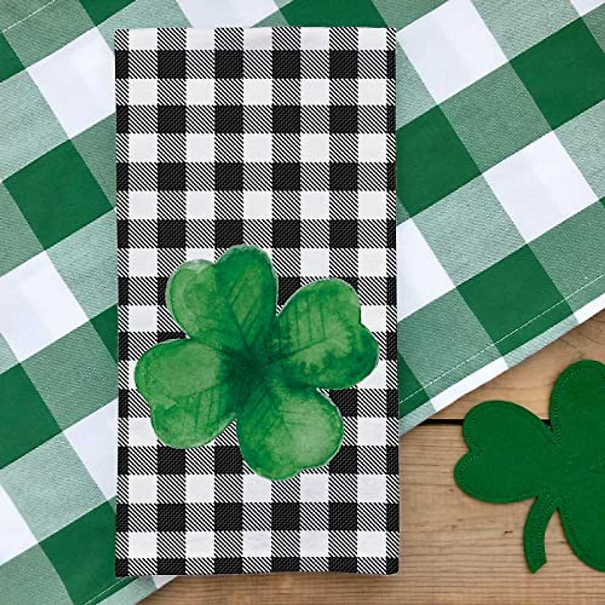 AnyDesign St. Patrick's Day Kitchen Dish Towels 18 x 28 White Black Buffalo Plaids Dishcloth Lucky Shamrock Clover Truck Drying Cloth Tea Towel Irish Decorative Hand Towel for Cooking Baking, 4 Pack