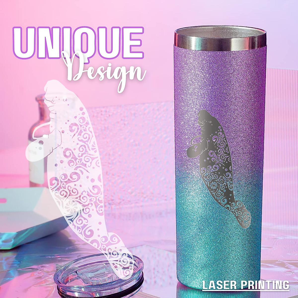 Onebttl Manatee Gifts for Women/Girls, 20 oz Skinny Tumbler with Lid and Straw, Best Gifts for Manatee Sea Animals Lovers on Christmas/Birthday, Gift Box Included, Purple Glitter