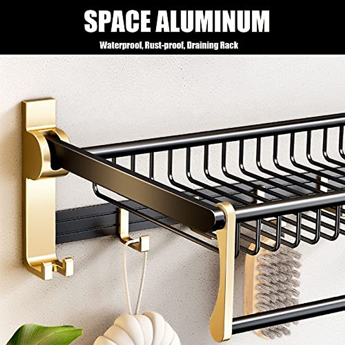 24HOCL 24 Inch Foldable Towel Rack Wall Mounted with Towel Bar/Basket, Bath Towel Shelf with Movable 7 Hooks for Bathroom Hotel Lavatory (Black+Gold)