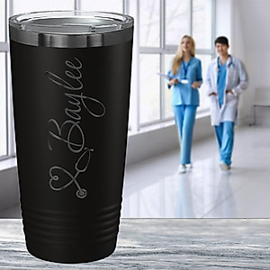 Personalized Heart Stethoscope Tumbler Gift for Nurse, RN, LPN, CNA, CMA, MA on Black with Ion Ghost Black Design 20 oz Stainless Steel Tumbler with Lid - Insulated Cup - Custom Travel Mug