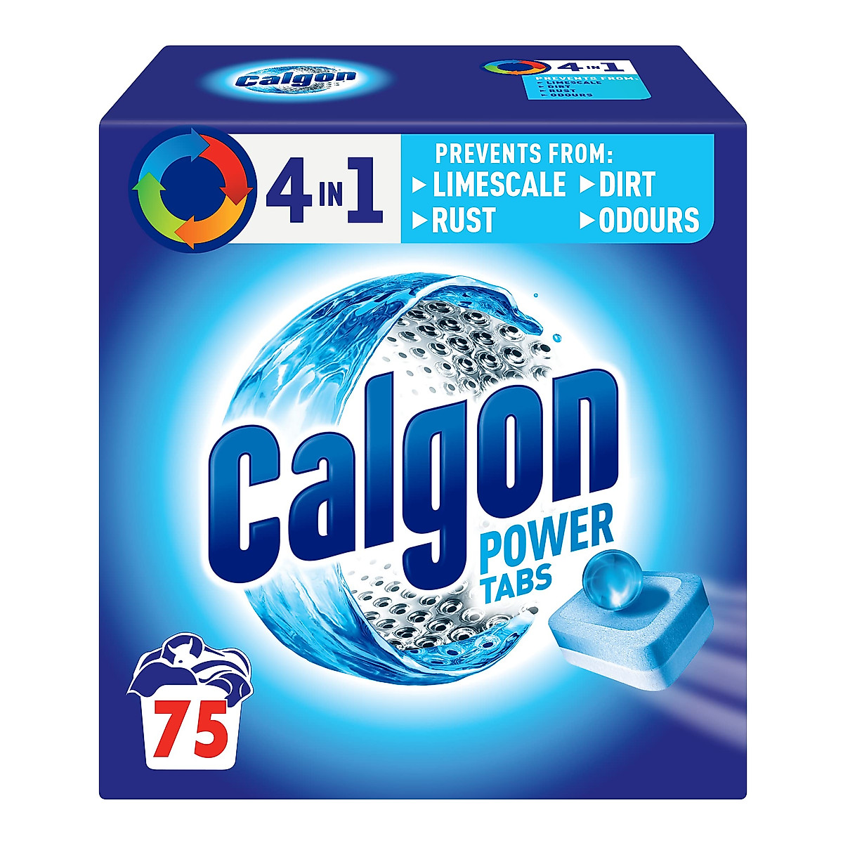 Calgon 4-in-1 Washing Machine Cleaner and Water Softener Tablets, 75 Count, Removes Limescale, Residue, Dirt, Rust & Malodours, Deep Clean, XL Pack Size