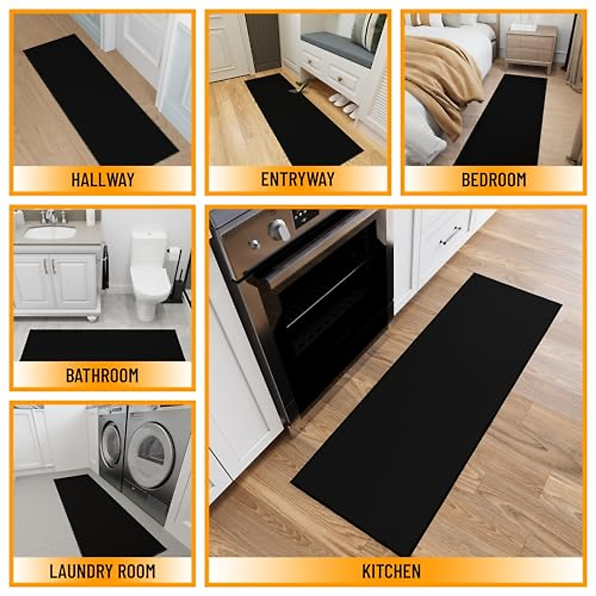 Machine Washable Modern Solid Design Non-Slip Rubberback 2x5 Traditional Runner Rug for Hallway, Kitchen, Bedroom, Entryway, 20" x 59", Black