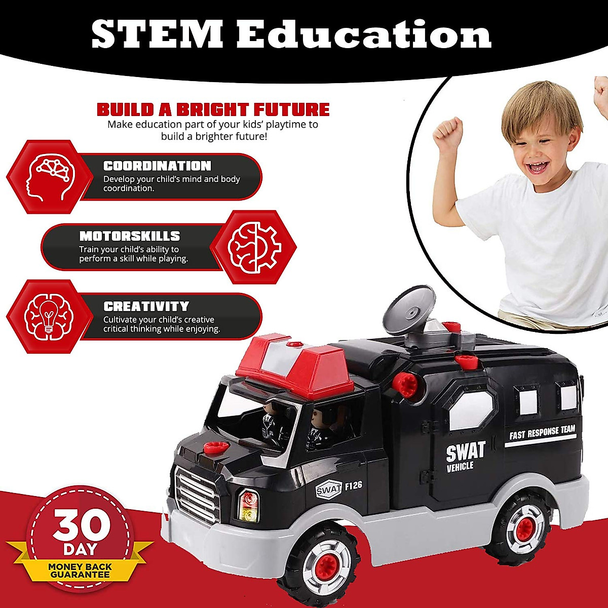 Liberty Imports Take Apart Toy Set, Build Your Own Vehicle with Drill, Sounds & Lights, Buildable STEM Learning Construction Kit for Toddlers, Kids, Boys (SWAT Truck)
