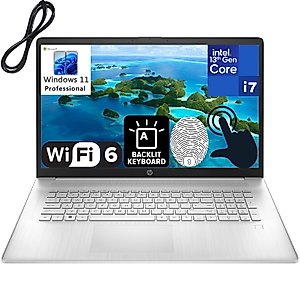 HP 17 17.3" Touchscreen HD+ Business Laptop Computer, 13th Gen Intel 10-Core i7-1355U, 32GB DDR4 RAM, 1TB PCIe SSD, WiFi 6, Backlit Keyboard, Fingerprint Reader, Windows 11 Pro, BROAGE Cable