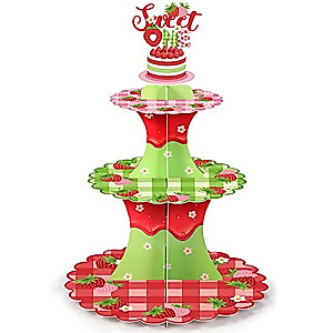 Rtteri 3 Tier Strawberry Themed Party Cupcake Stand Decorations Berry First Birthday Cupcake Holder Decor Summer Fruit Dessert Tower for Kids Girl Baby Shower Sweet 1st Birthday Party Supplies