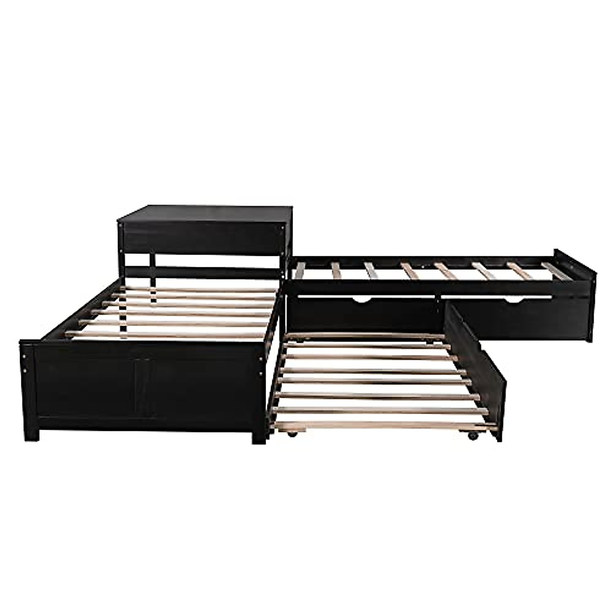 L Shaped Platform Bed with Trundle and Drawers Linked with Built-in Desk, Wooden Twin Bed Frame for 3 Kids Teens Adults, Espresso