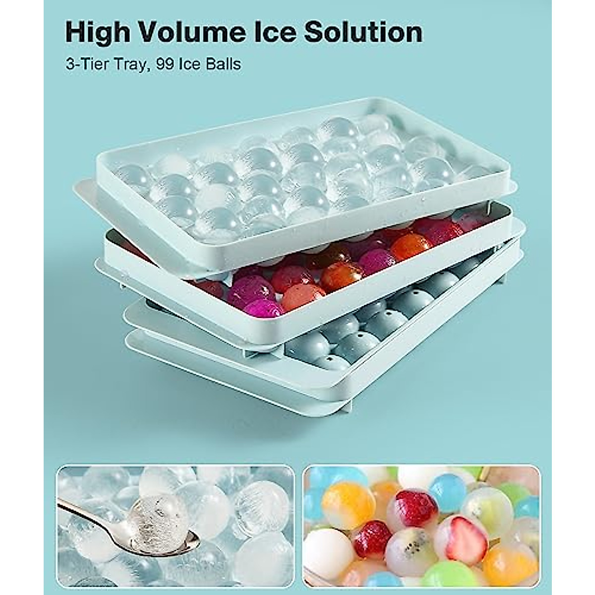 DclobTop Stackable Round Ice Cube Tray Set with Lid & Bin – Create 99PCS Round Ice Balls, Ice Trays for Freezer is Easy to Release & Sturdy– Small Pellet Ice Maker for Drinks, Coffee and Cocktails