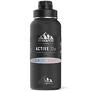 Hydrapeak 32 oz Insulated Water Bottle with Chug Lid - Reusable Leak Proof Stainless Steel Water Bottles, Double Wall Vacuum Insulation | 24 Hours Cold and 12 Hours Hot (Black)