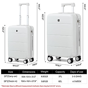 Hanke Hard Shell Luggage Sets 2 piece Large Suitcase Traveler's Choice Tsa Luggage Hard Shell Suitcases Checked Luggage With Spinner Wheels 20/26 inch(Smoke White)