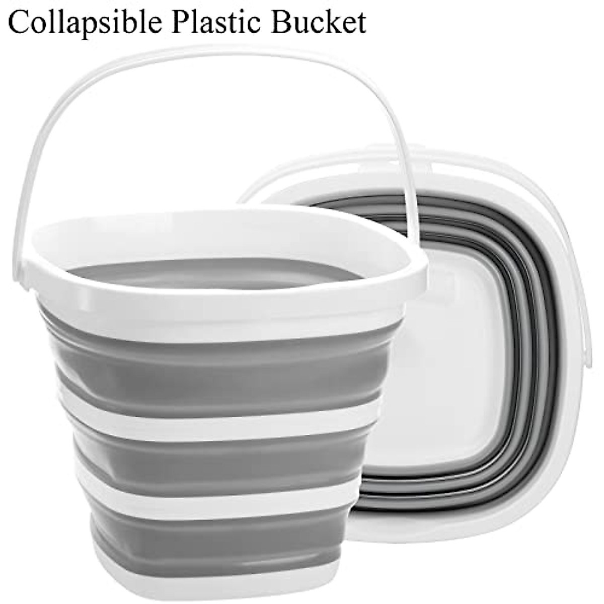 Fasmov 2 Pack Collapsible Plastic Bucket, Portable Cleaning Bucket with Handle, 2.6 Gallon (10L) Foldable Rectangular Tub for Hiking, Backpacking, Camping, Fishing, Car Wash, Gray & Blue