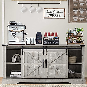 OKD Farmhouse Coffee Bar Cabinet, 58 Inch Buffet Sideboard Cabinet w/Sliding Barn Door, Adjustable Storage Shelves, Rustic Kitchen Storage Pantry for Dining Room, Living Room, Light Rustic Oak